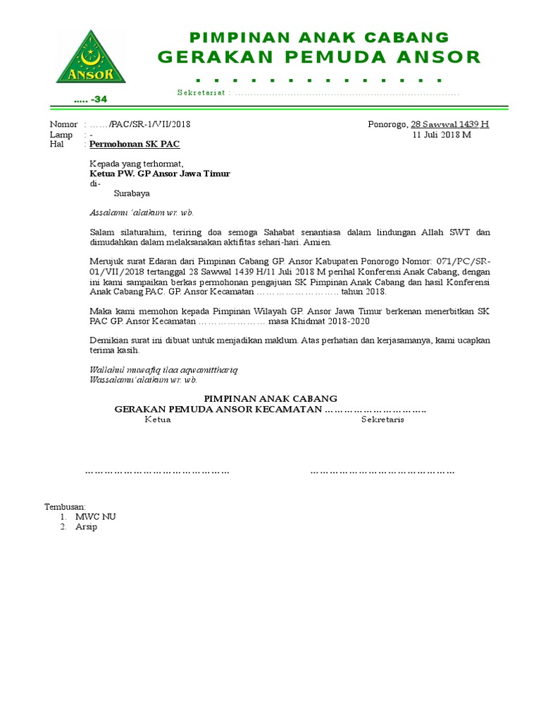 Permohonan SK PAC GP Ansor 2018 | PDF