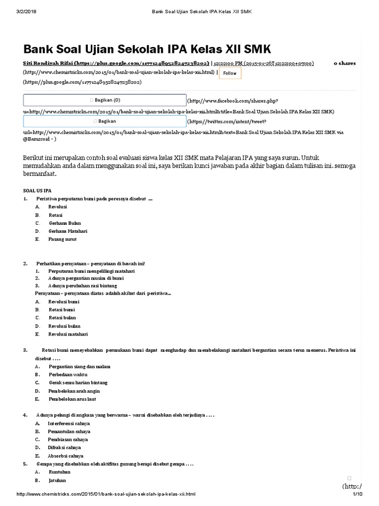 Bank Soal Ujian Sekolah IPA Kelas XII SMK PDF | PDF