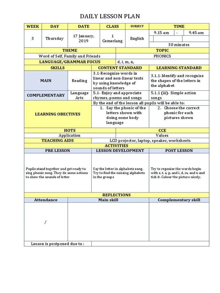 Daily Lesson Plan: Subject | Download Free PDF | Phonics | Behavior Modification