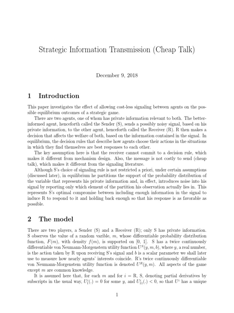 Strategic Information Transmission (Cheap Talk) : December 9, 2018 | Download Free PDF ...