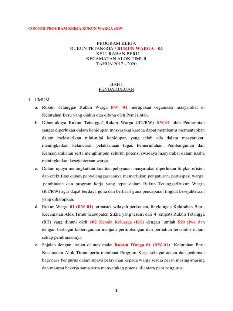 Contoh Program Kerja Rukun Warga 01 | PDF
