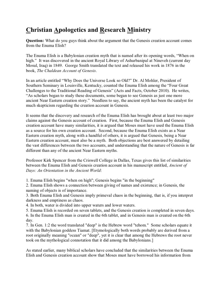 Genesis and The Enuma Elish | PDF | Genesis Creation Narrative | Mythology