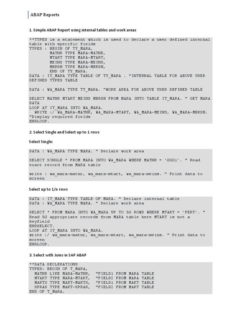 ABAP Report Examples and Code Snippets | PDF | Parameter (Computer ...