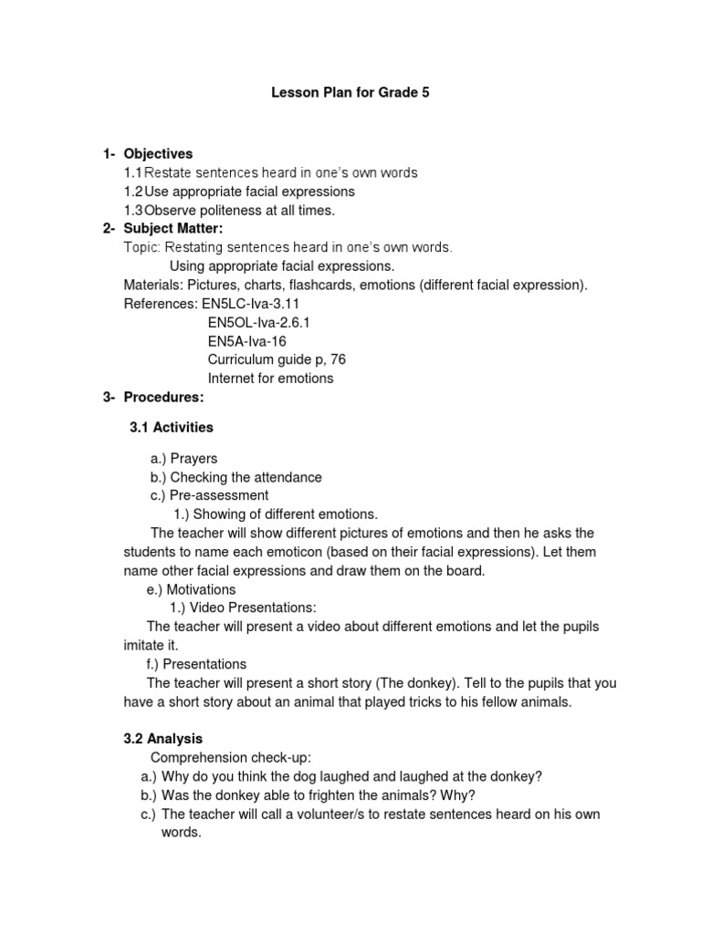 Lesson Plan For Grade 5 | PDF | Lesson Plan | Facial Expression