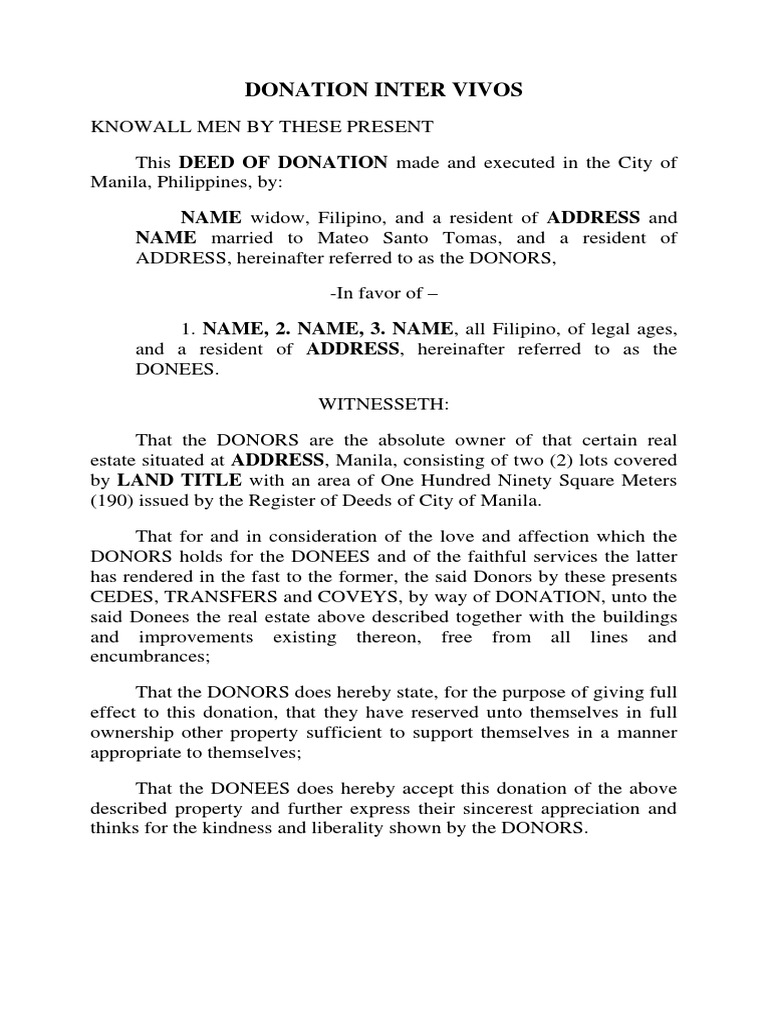 Deed of Donation Sample | PDF | Deed | Manila