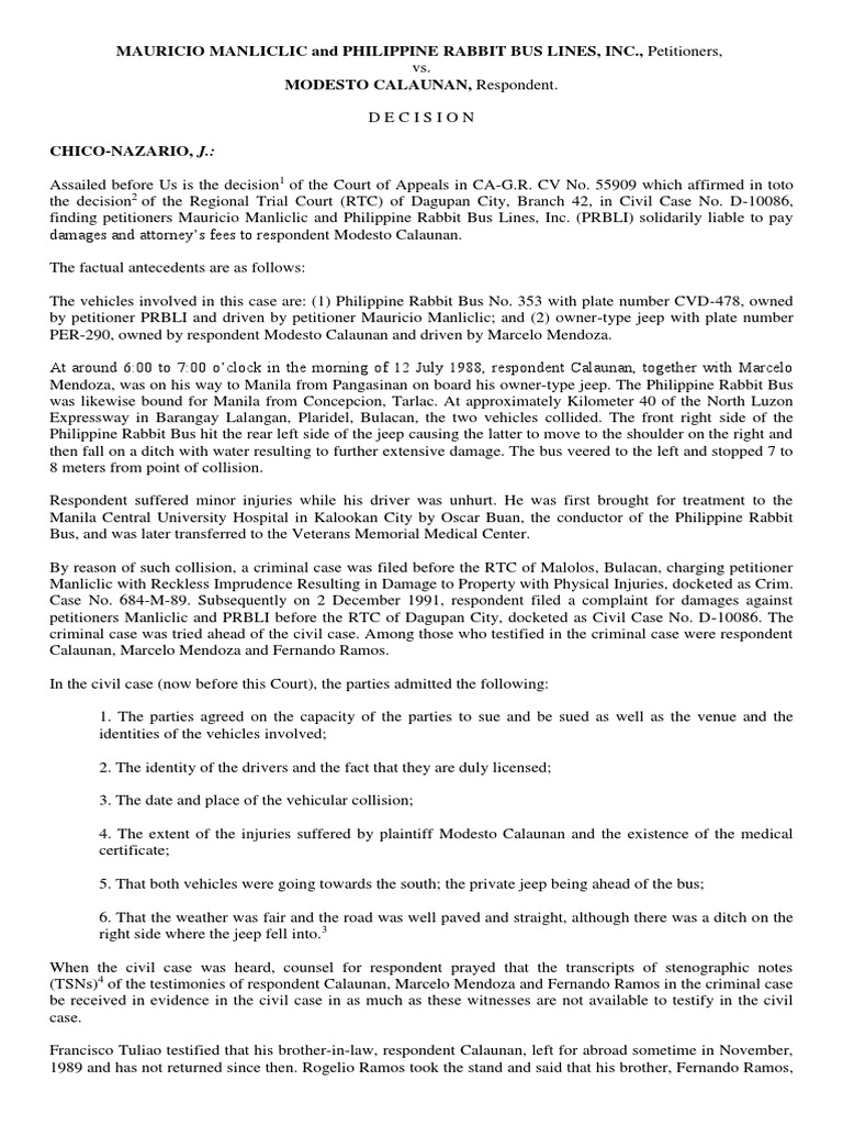 Mauricio Manliclic and Philippine Rabbit Bus Lines, Inc., Petitioners ...