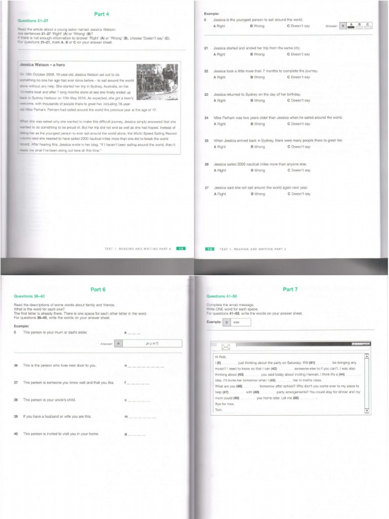 Ket For Schools Pearson Parts 4,6,7 Test 1 - 2 | PDF