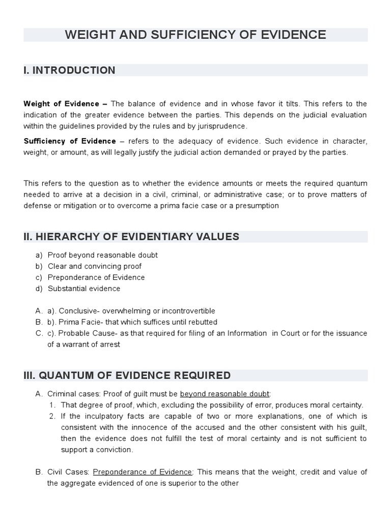 Weight and Sufficiency of Evidence | PDF | Burden Of Proof (Law) | Evidence