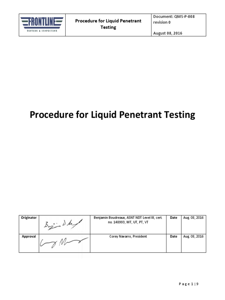 Liquid Penetrant Testing Procedure | PDF | Nondestructive Testing ...