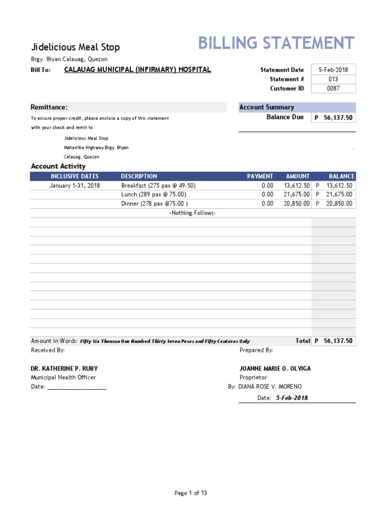 Billing Statement: Jidelicious Meal Stop | PDF | Meal | Lunch