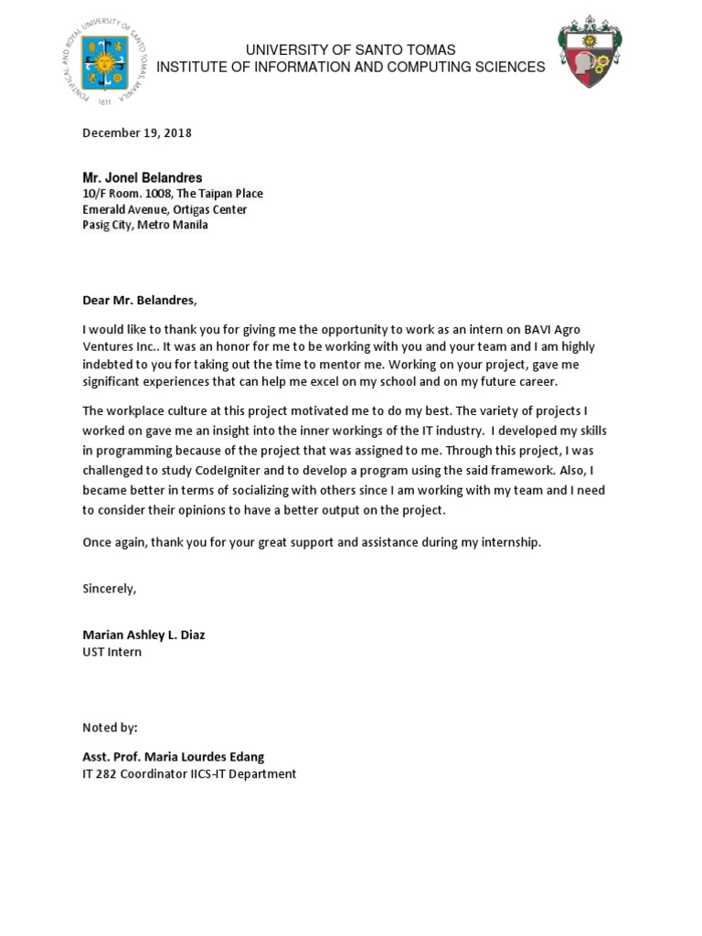 UST Intern Thanks Agro Ventures for Experience | PDF