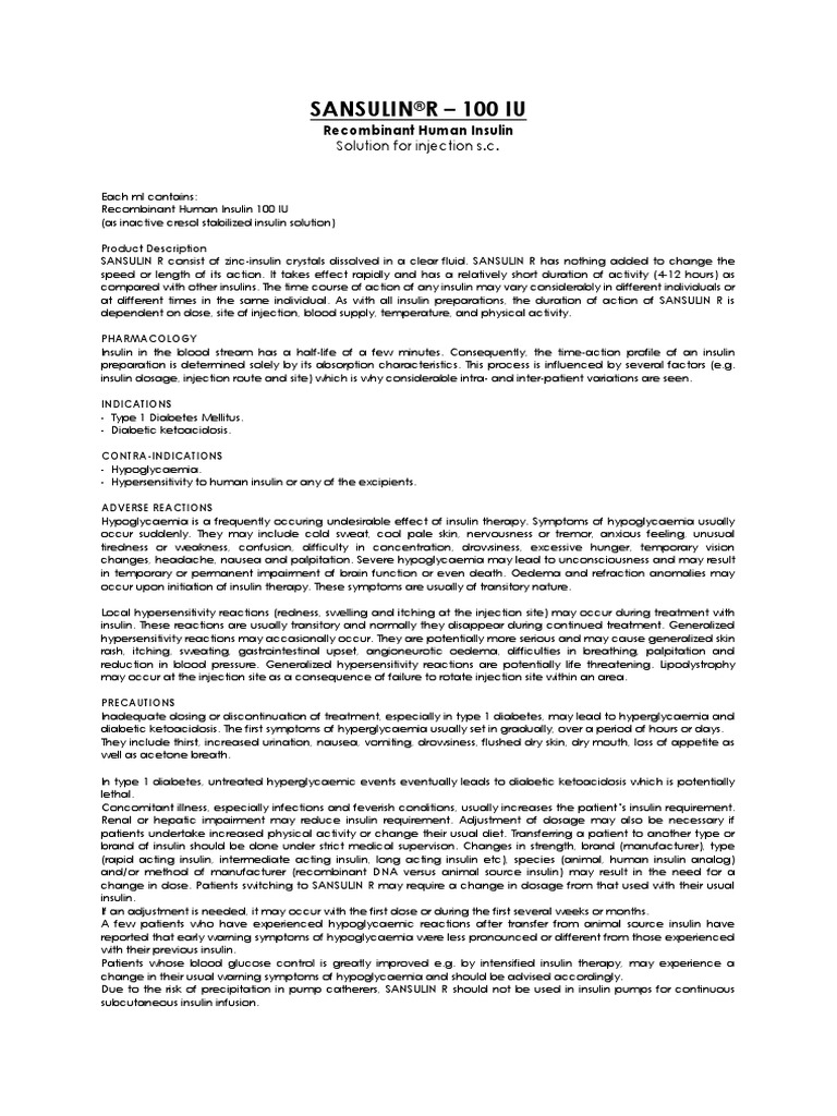Sansulin R Suspensi Injeksi 100 IU, ML - Rekombinan Insulin Manusia ...