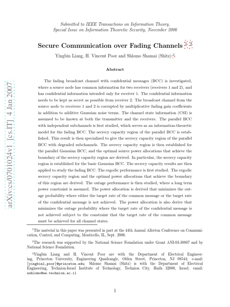 Secure Communication Over Fading Channels: 1 2 Yingbin Liang, H ...