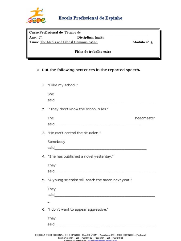 Ficha de Trabalho Extra (Reported Speech) | PDF