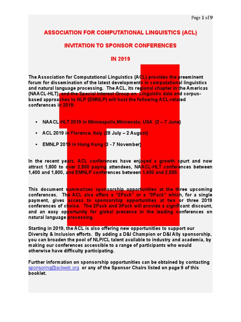 Association For Computational Linguistics (Acl) Invitation To Sponsor ...