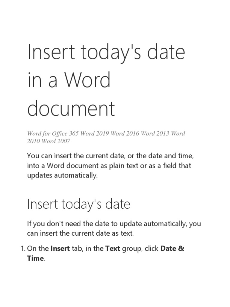 Insert Today's Date in A Word Document | PDF