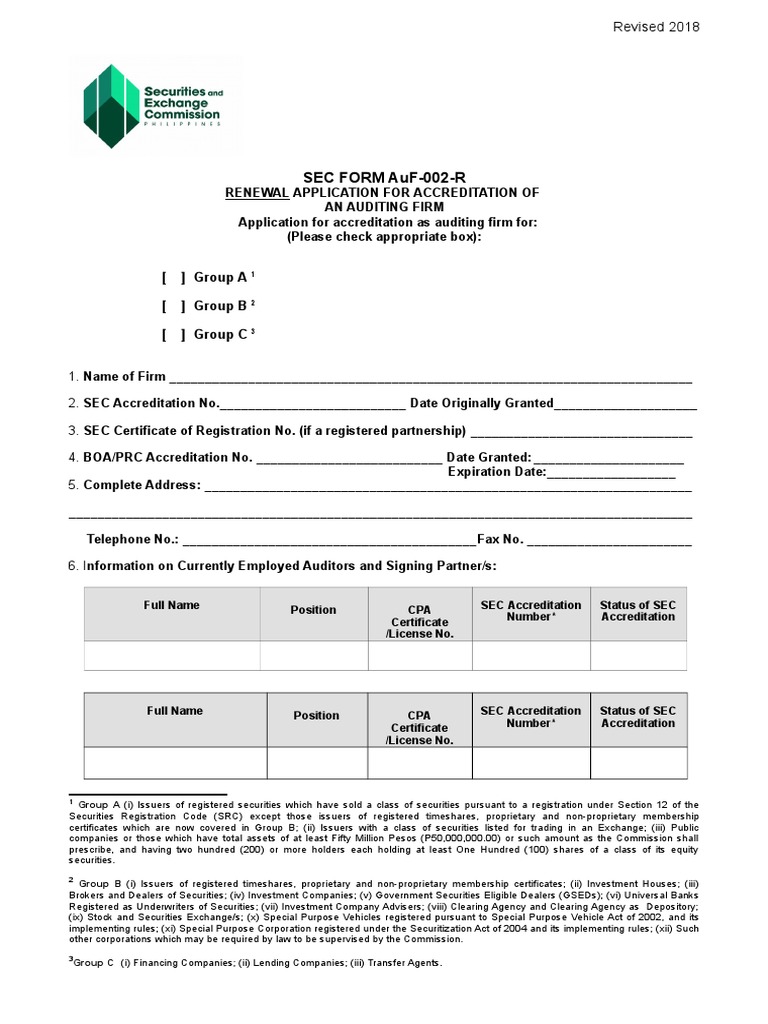 2018 SEC Form AuF 002 Renewal Auditing Firm | PDF | Securities (Finance ...