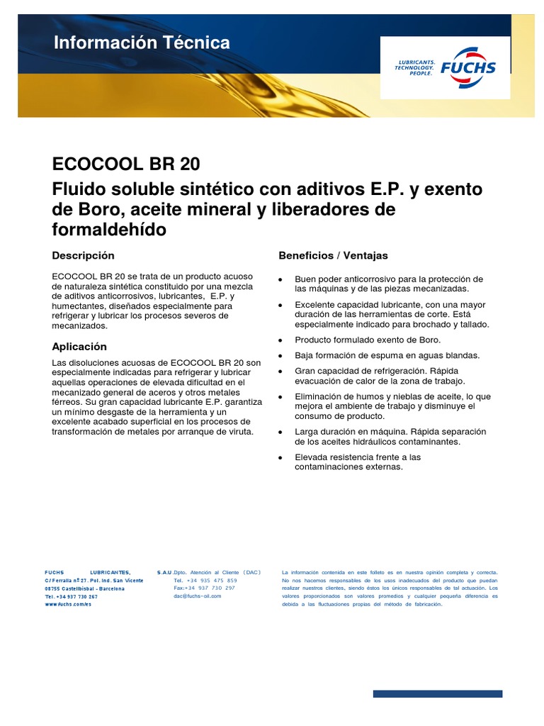 Ficha Técnica Ecocool BR20 | PDF | Lubricante | Concentración
