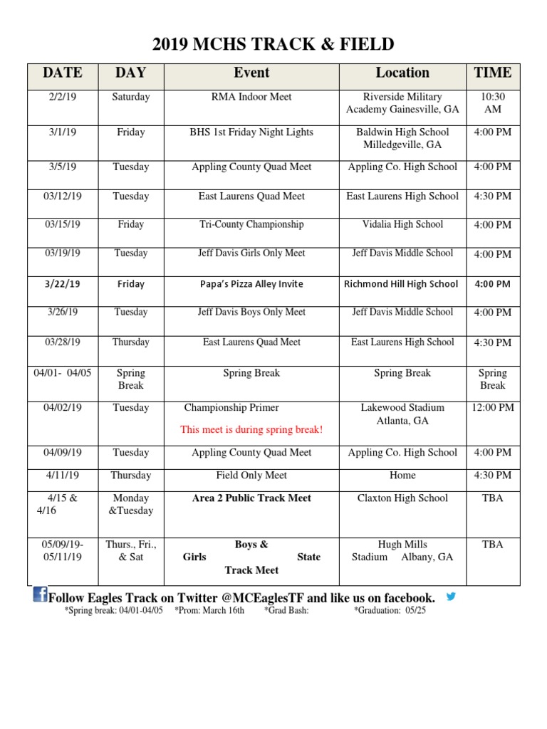 2019 Mchs Track Schedule | PDF | Sports | Leisure