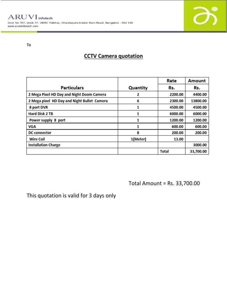 CCTV Camera Quotation: Particulars Quantity Rate Amount Rs. Rs | PDF