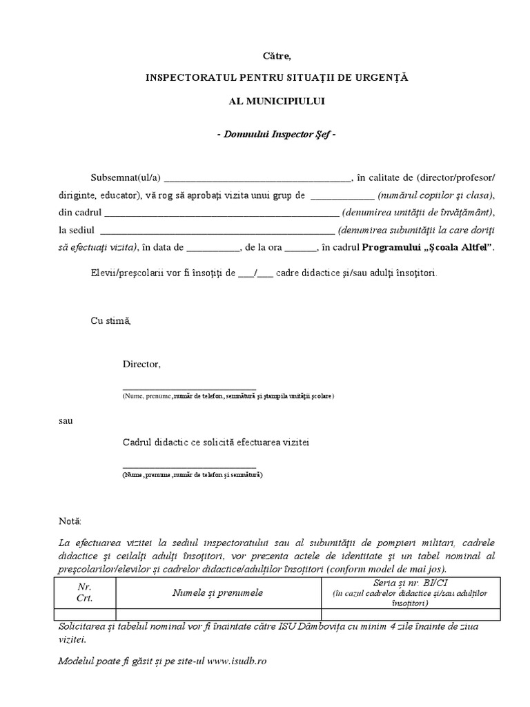 Cerere PT Efectuare Vizita La Isudb Program Scoala Atlfel | PDF