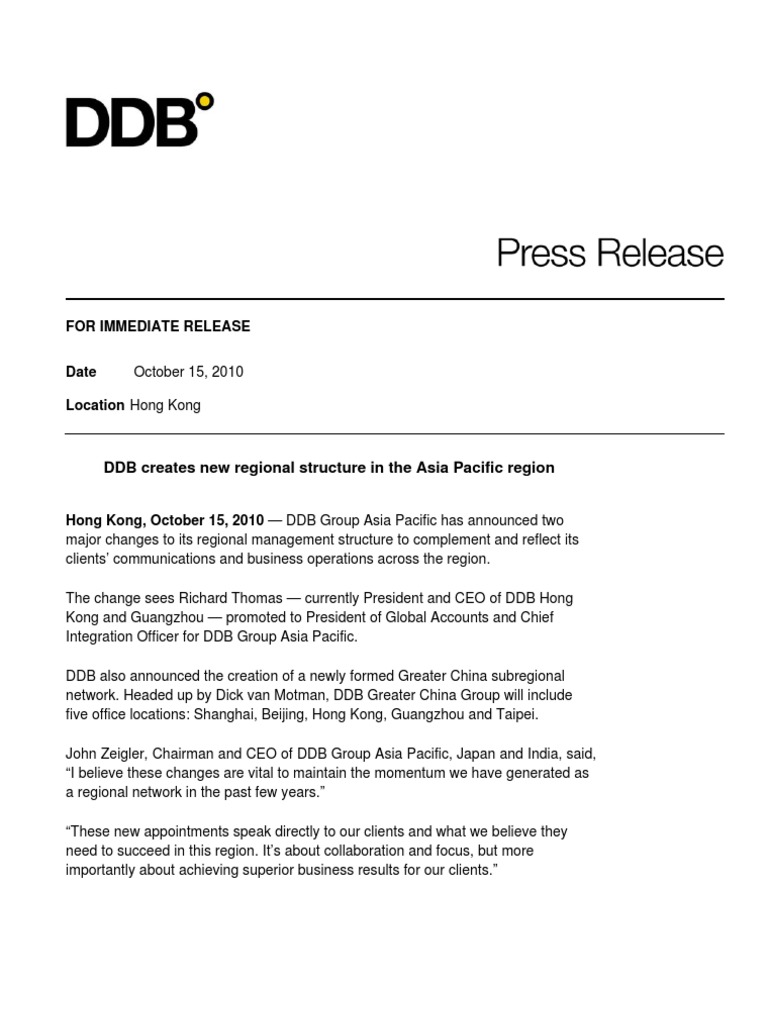 10.15.10 - DDB Creates New Regional Structure in Asia Pacific Region ...