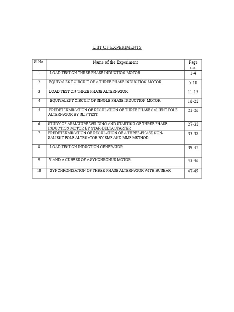 List of Experiments Name of The Experiment No. 1-4 5-10 11-15 16-22 23 ...