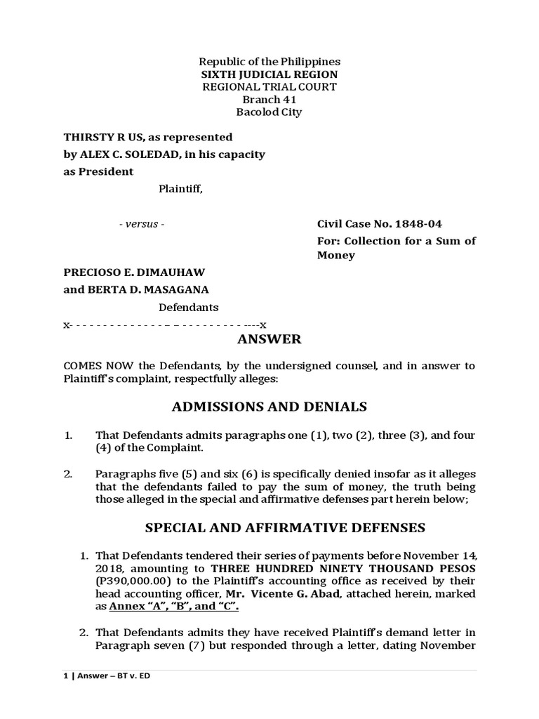 Answer: Sixth Judicial Region | PDF | Lawsuit | Social Institutions