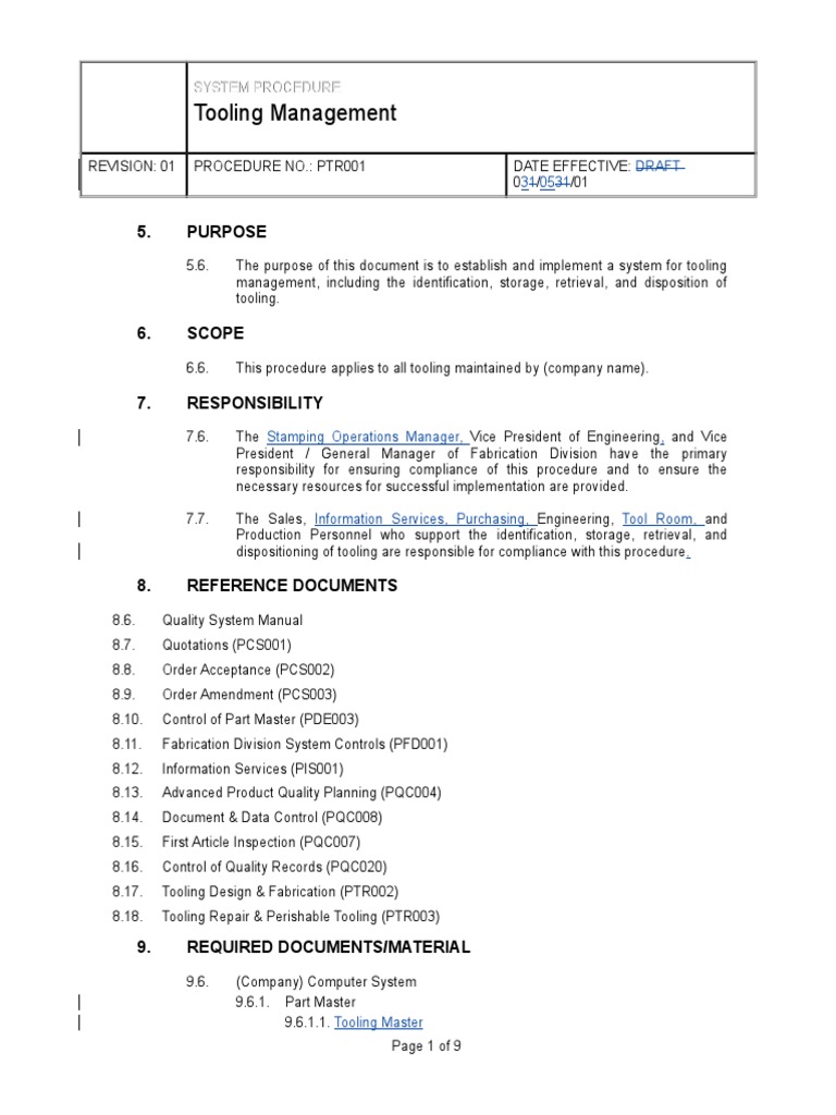 Tooling Management Procedure Example | PDF | Document | Metal Fabrication