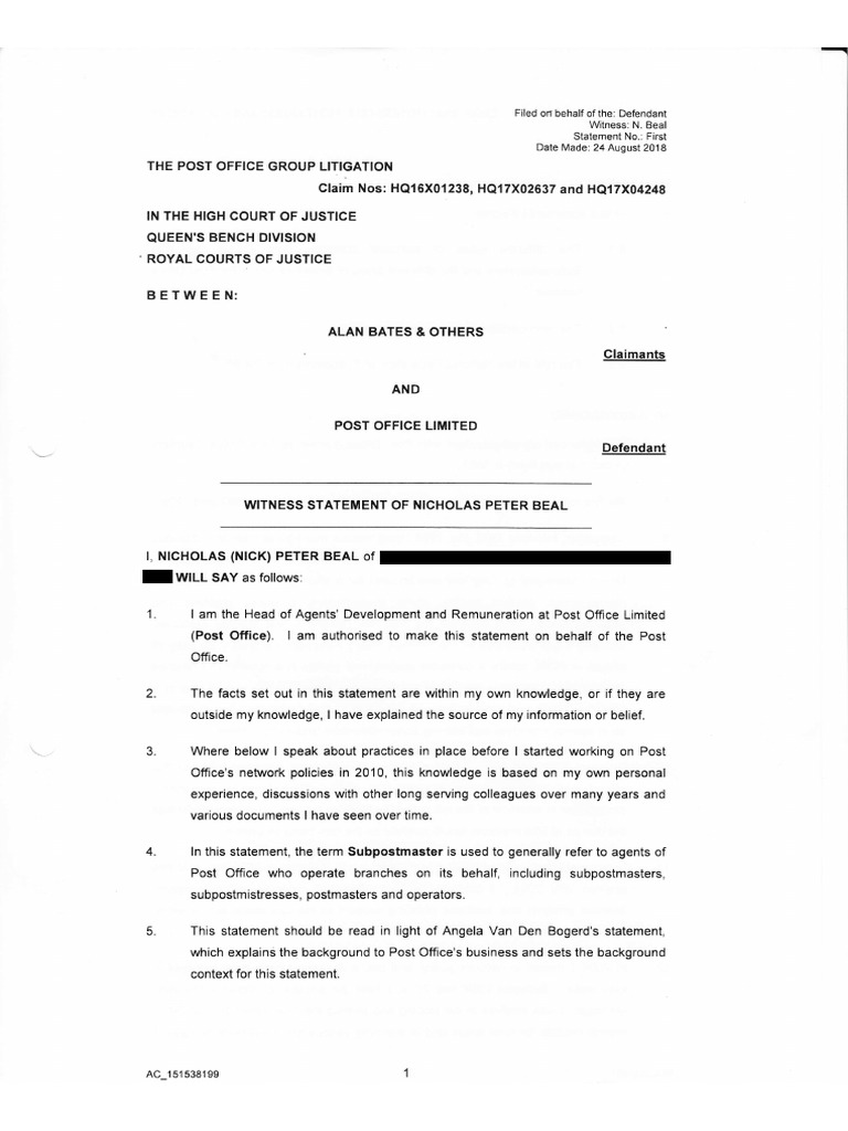 Bates V Post Office: Nick Beal Witness Statement | PDF | United States ...