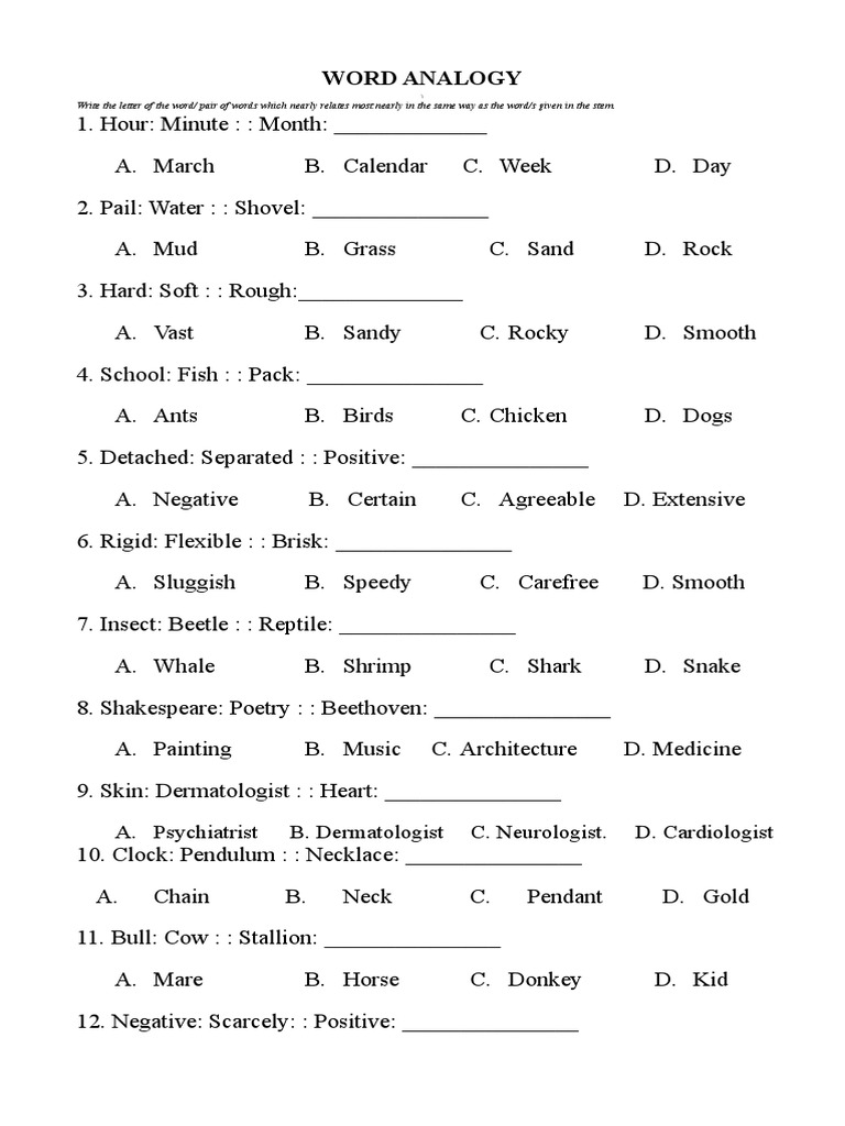 Word Analogy Exercises | PDF | Nature