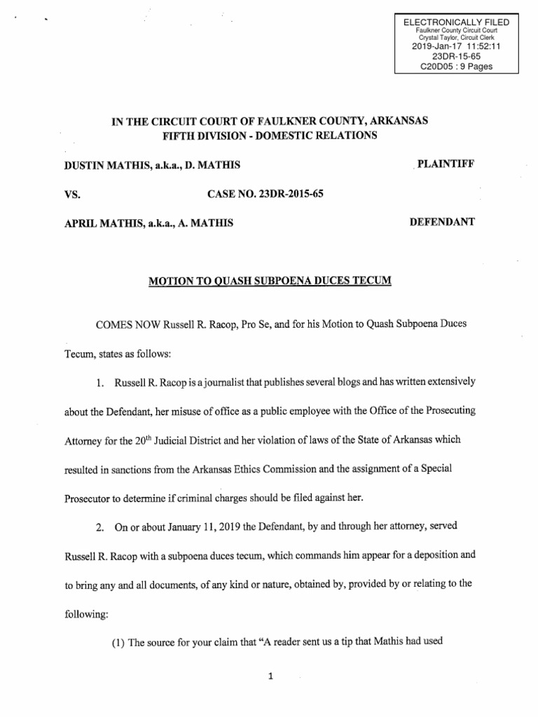 Motion To Quash Subpoena Duces Tecum | PDF