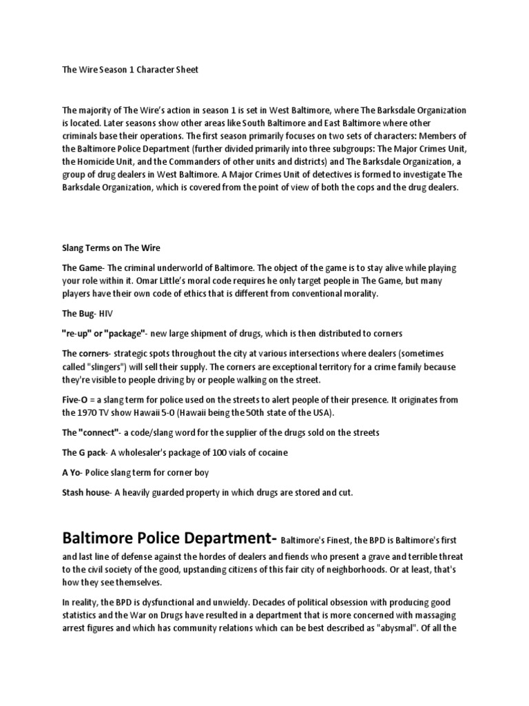 The Wire Season 1 Character Sheet | PDF | Baltimore Police Department ...