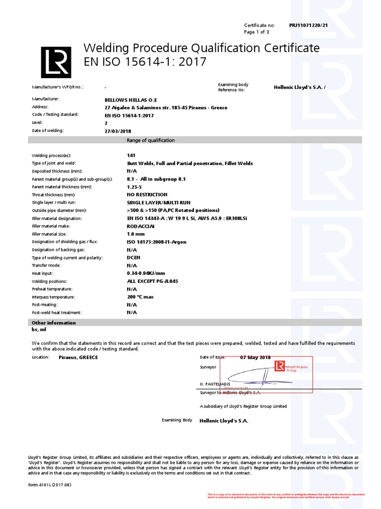 Welding Procedure Qualification Certificate EN ISO 15614-1: 2017 | PDF | Welding | Construction