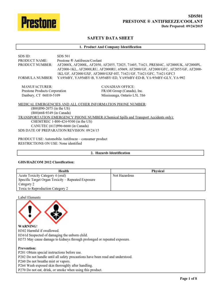 Prestone Antifreeze MSDS | PDF | Medical Specialties | Chemistry