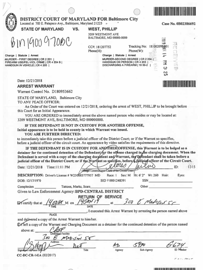 Statement of Charges in Phillip West's Arrest