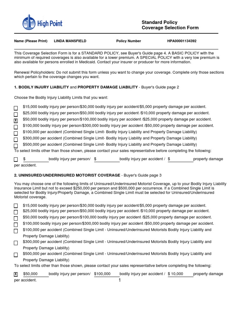 Standard Policy Coverage Selection Form | PDF | Deductible | Health ...
