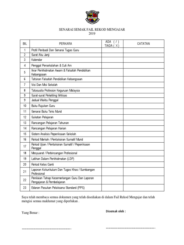 Senarai Semak Fail Rekod Mengajar | PDF