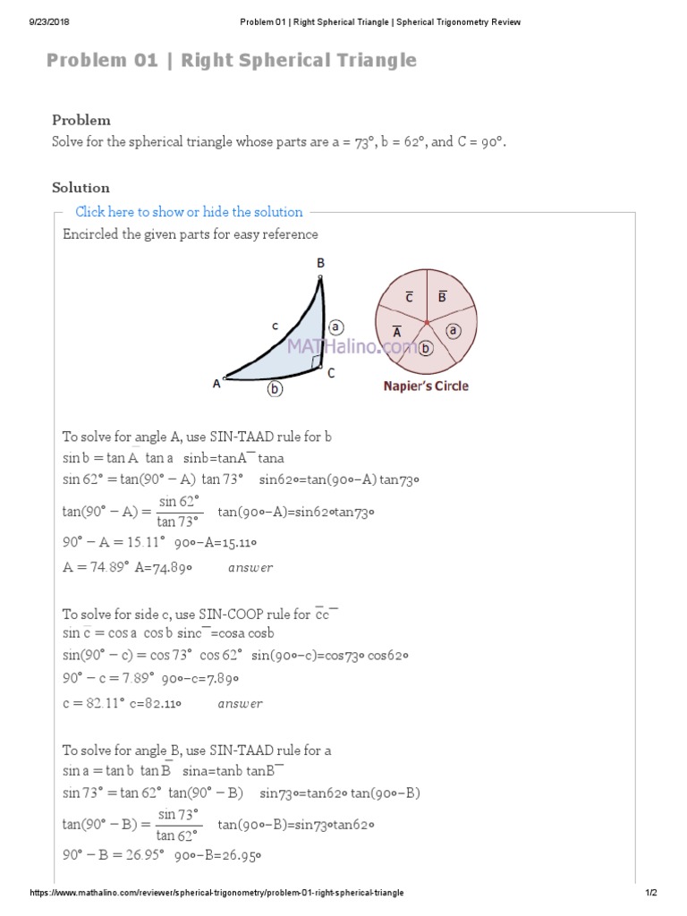 Problem 01 - Right Spherical Triangle: Click Here To Show or Hide The ...