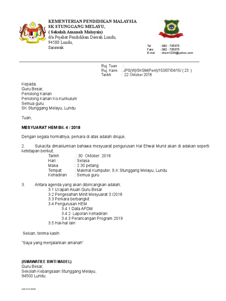 Surat Rasmi Mesyuarat Hem 4 2018 | PDF