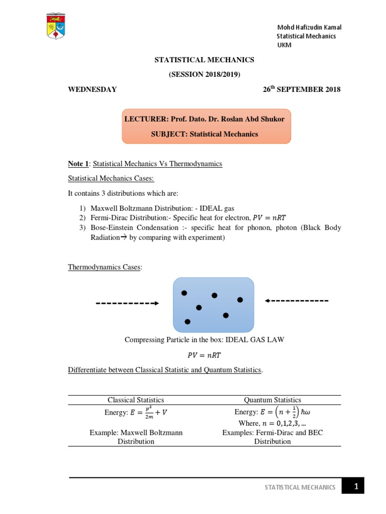 Statistical Mechanics Notes UKM | PDF | Statistical Mechanics | Entropy