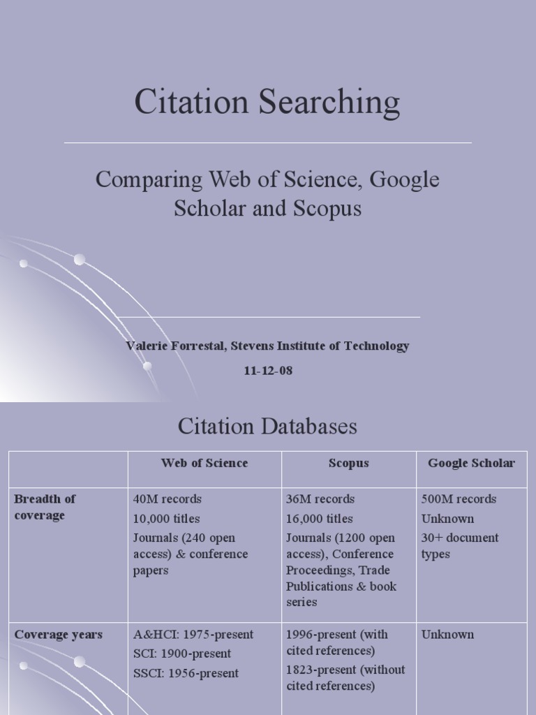 Citation Searching: Comparing Web of Science, Google Scholar and Scopus ...