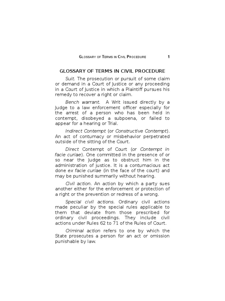 Glossary of Terms in Civil Procedure (PARTIAL) | PDF | Discovery (Law ...
