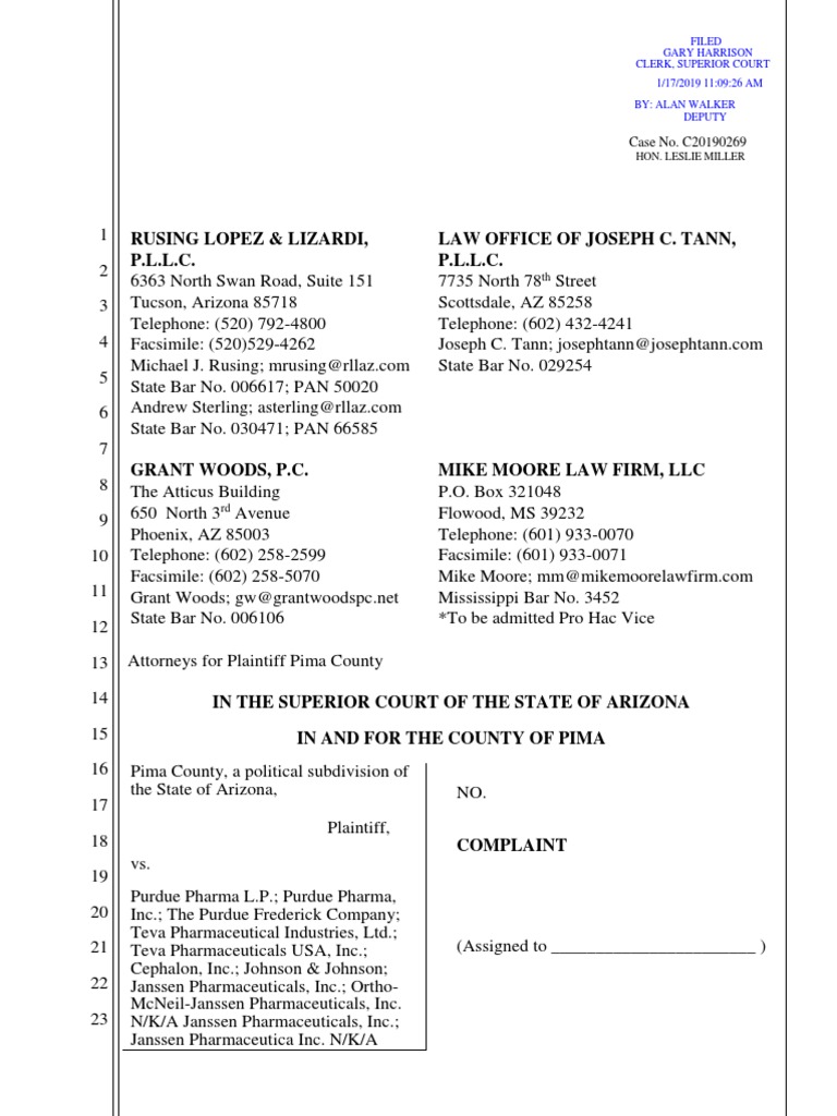 Pima County v. Purdue Parma Et Al. - Complaint (Filed 1.17.19) | PDF | Opioid | Pharmacology
