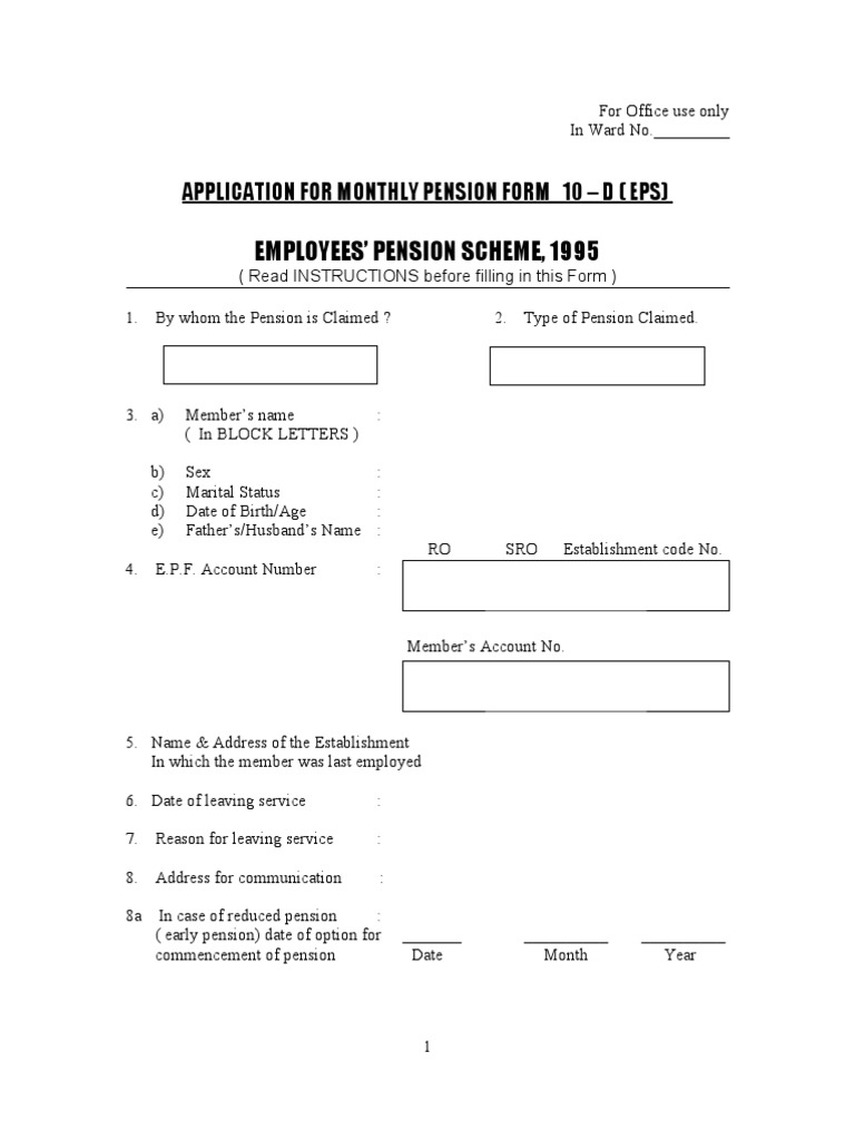 Employees' Pension Scheme, 1995: Application For Monthly Pension Form 10 - D (Eps) | Download ...