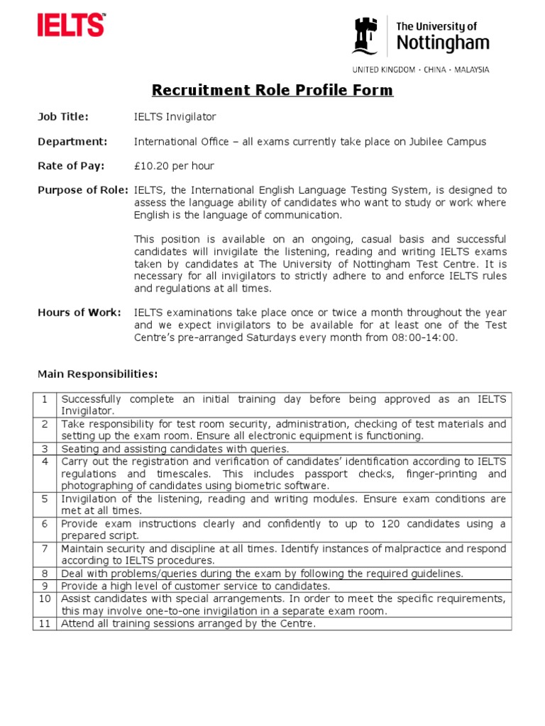 Ielts Invigilator Role Profile Form | PDF | International English ...