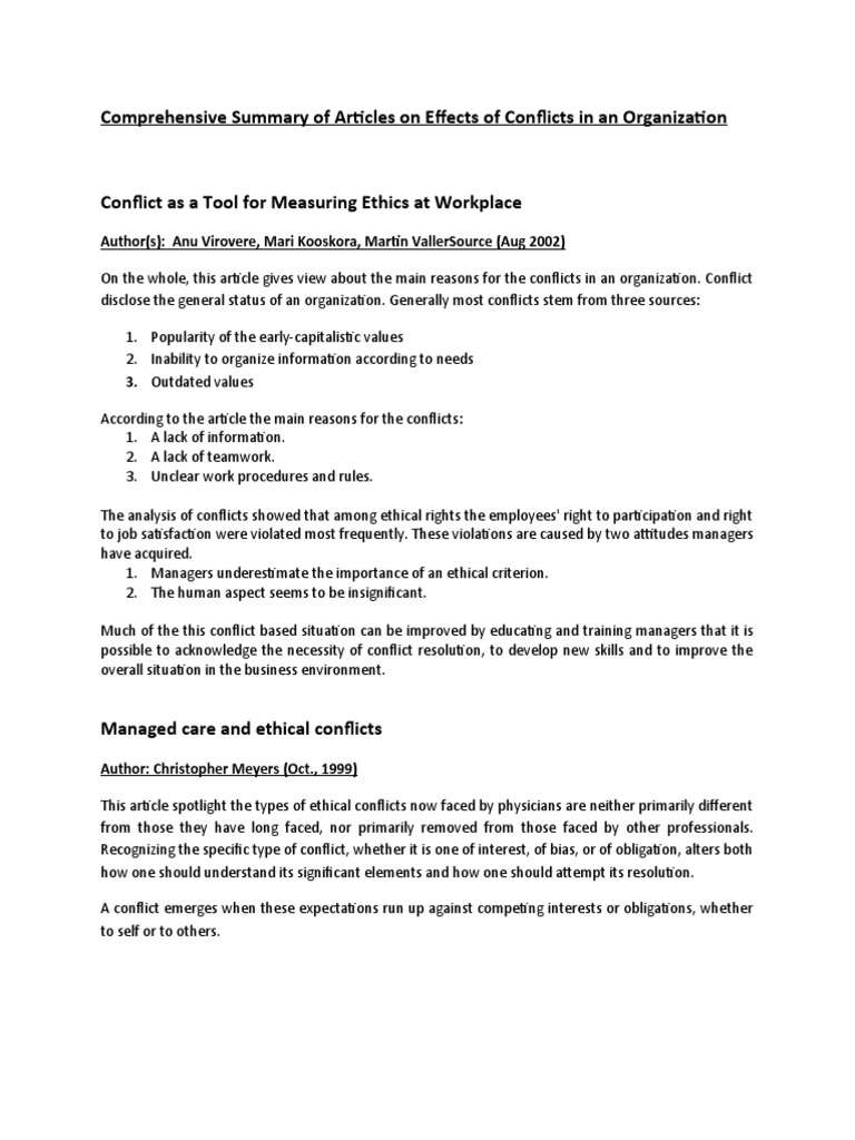 Comprehensive Summary of Articles On Effects of Conflicts in An ...