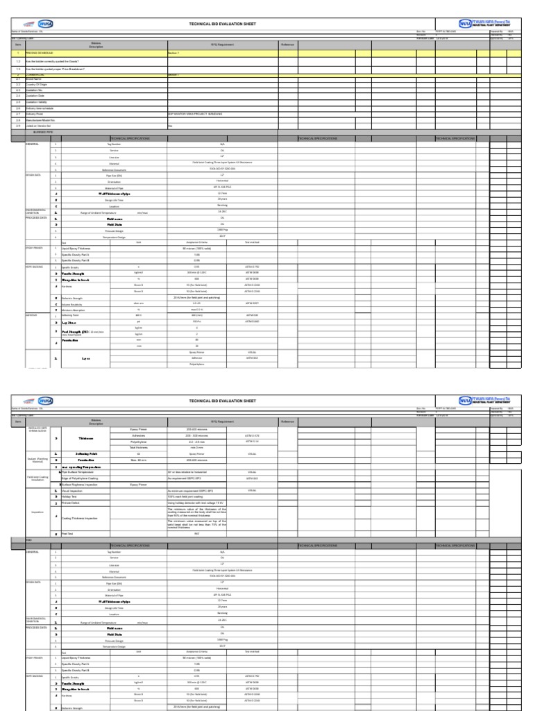 Technical Bid Evaluation Sheet | PDF | Polyethylene | Pipe (Fluid ...