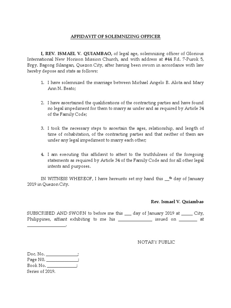 Affidavit Solemnizing Officer