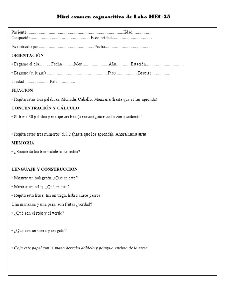 Mini Examen Cognoscitivo de Lobo (MEC - 35) | PDF
